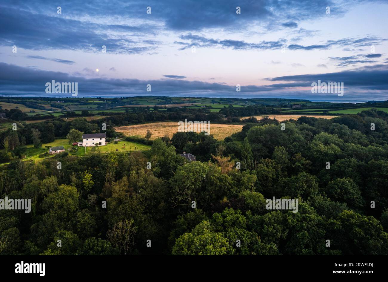 Twilight over Fields and Farms from a drone, Green Castle Wood, River ...