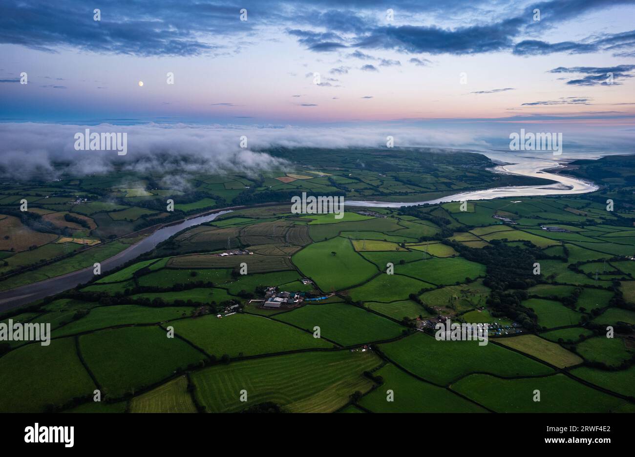 Twilight over Fields and Farms from a drone, Green Castle Wood, River ...