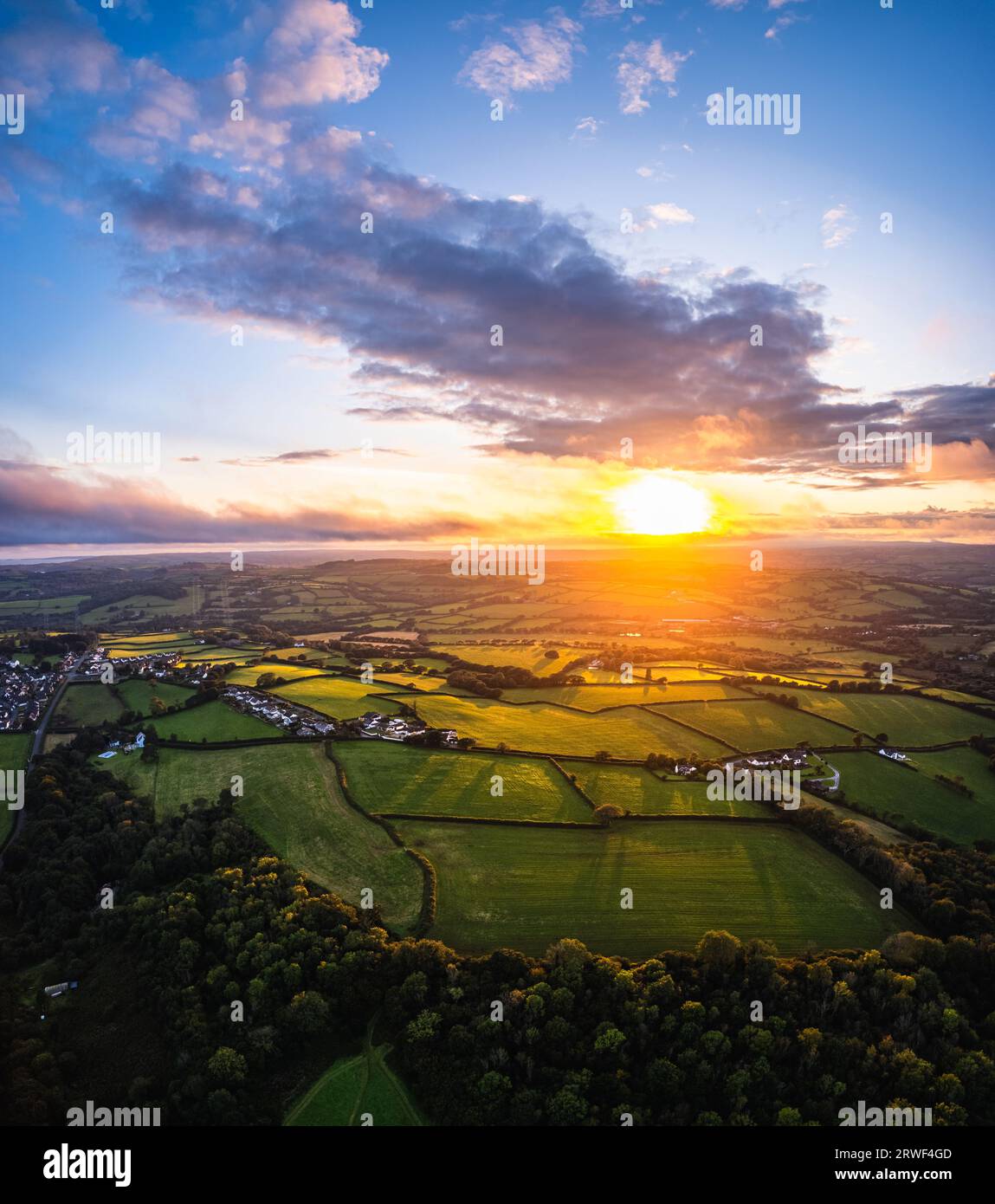 Panorama of Sunset over Fields and Farms from a drone, Green Castle ...