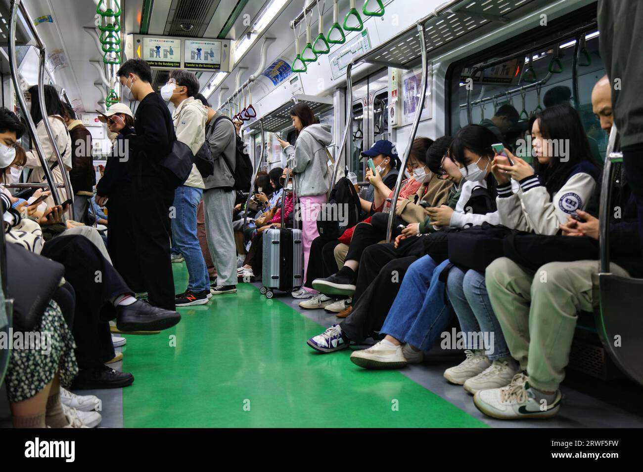 Seoul South Korea April 7 2023 Passengers Ride A Metro Train In