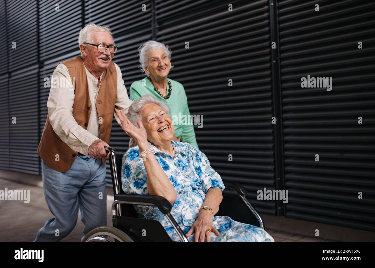 Elderly friends pushing senior woman in wheelchair Stock Photo - Alamy