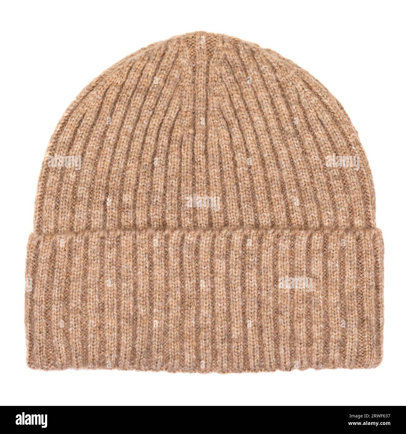 Heather brown knitted winter bobble hat of traditional design flat lay ...