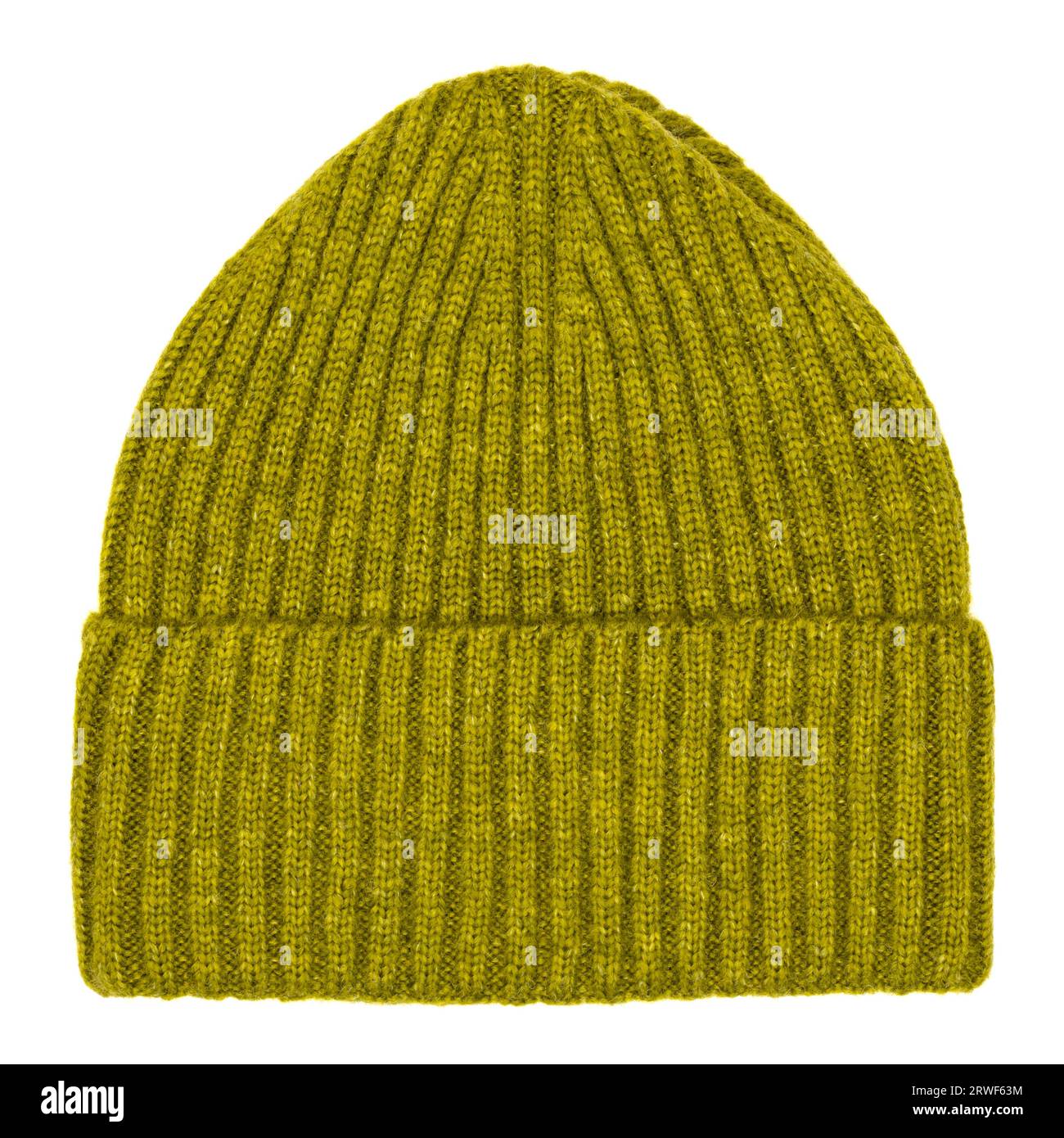 Heather citron knitted winter bobble hat of traditional design flat lay ...
