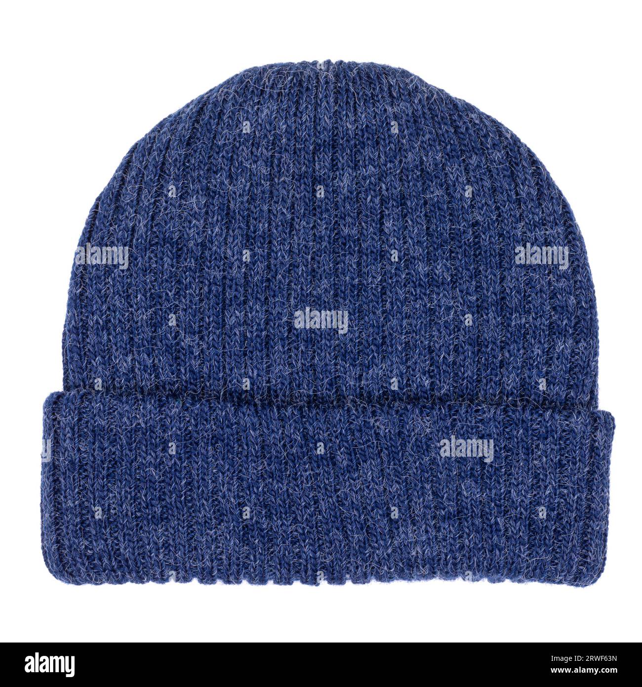Heather blue knitted winter bobble hat of traditional design flat lay ...