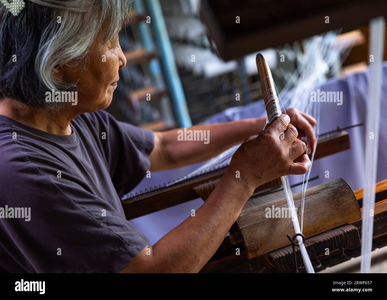 Kurume Kasuri weaving in Aika Tanaka Kasuri Kobo workshop, Kyushu ...