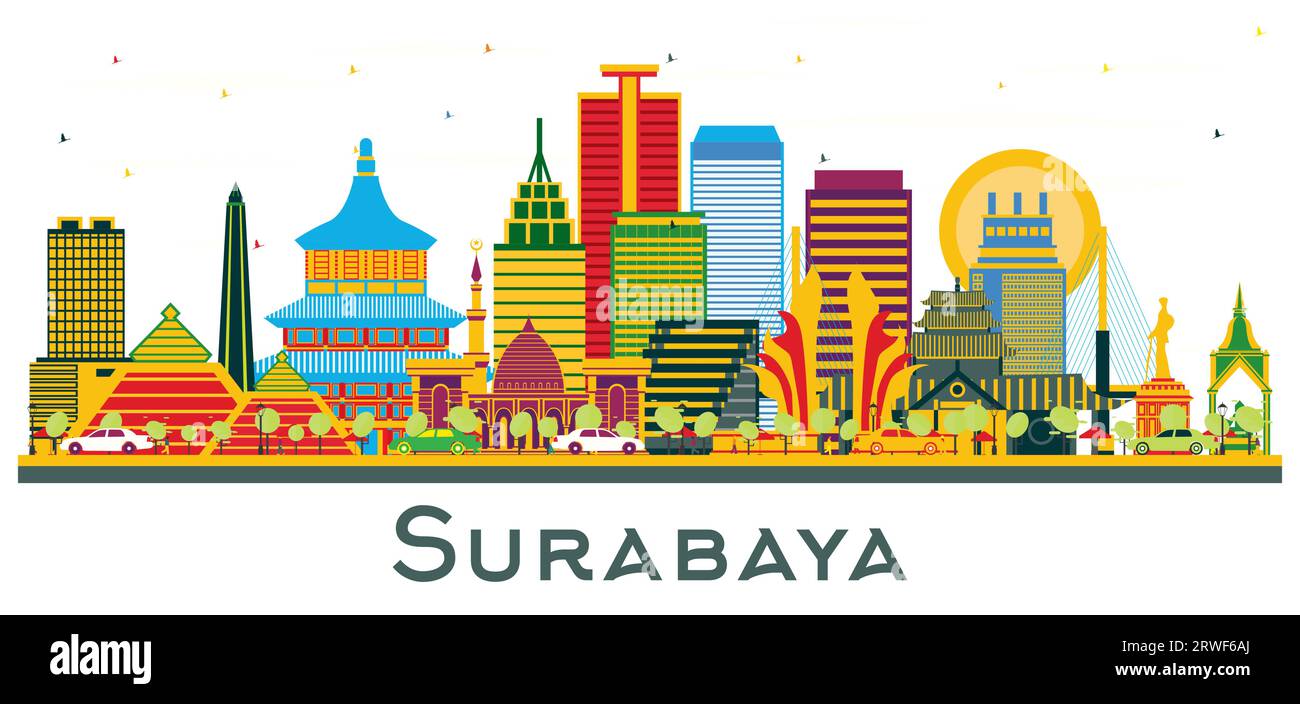 Surabaya Indonesia Skyline with Color Buildings isolated on white ...