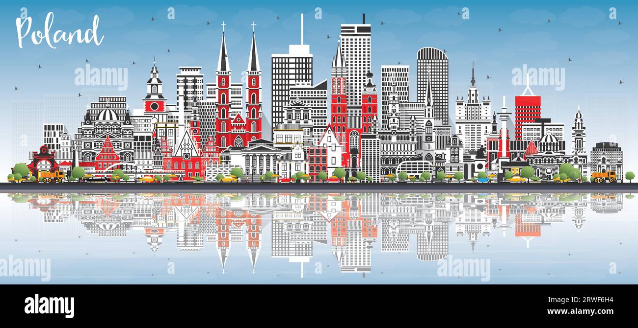 Poland City Skyline with Gray Buildings, Blue Sky and Reflections ...