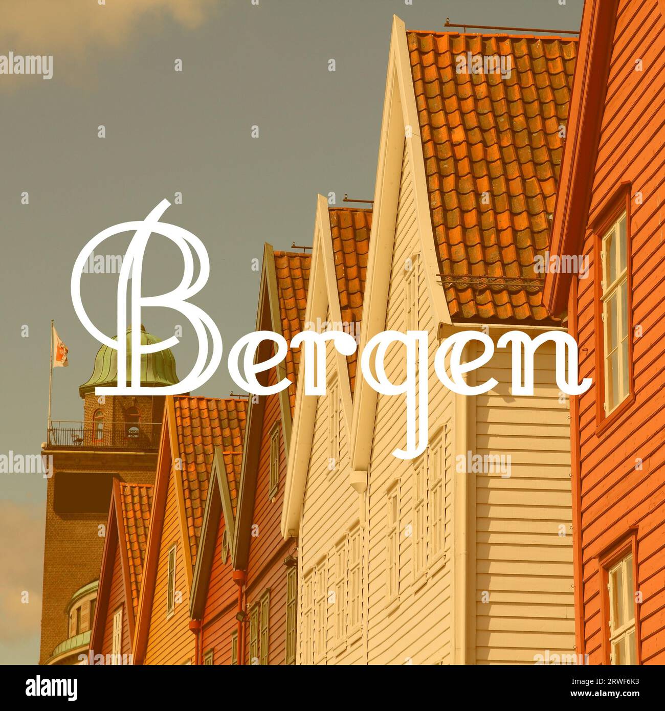 Bergen, Norway. City name modern photo postcard. Travel destination ...