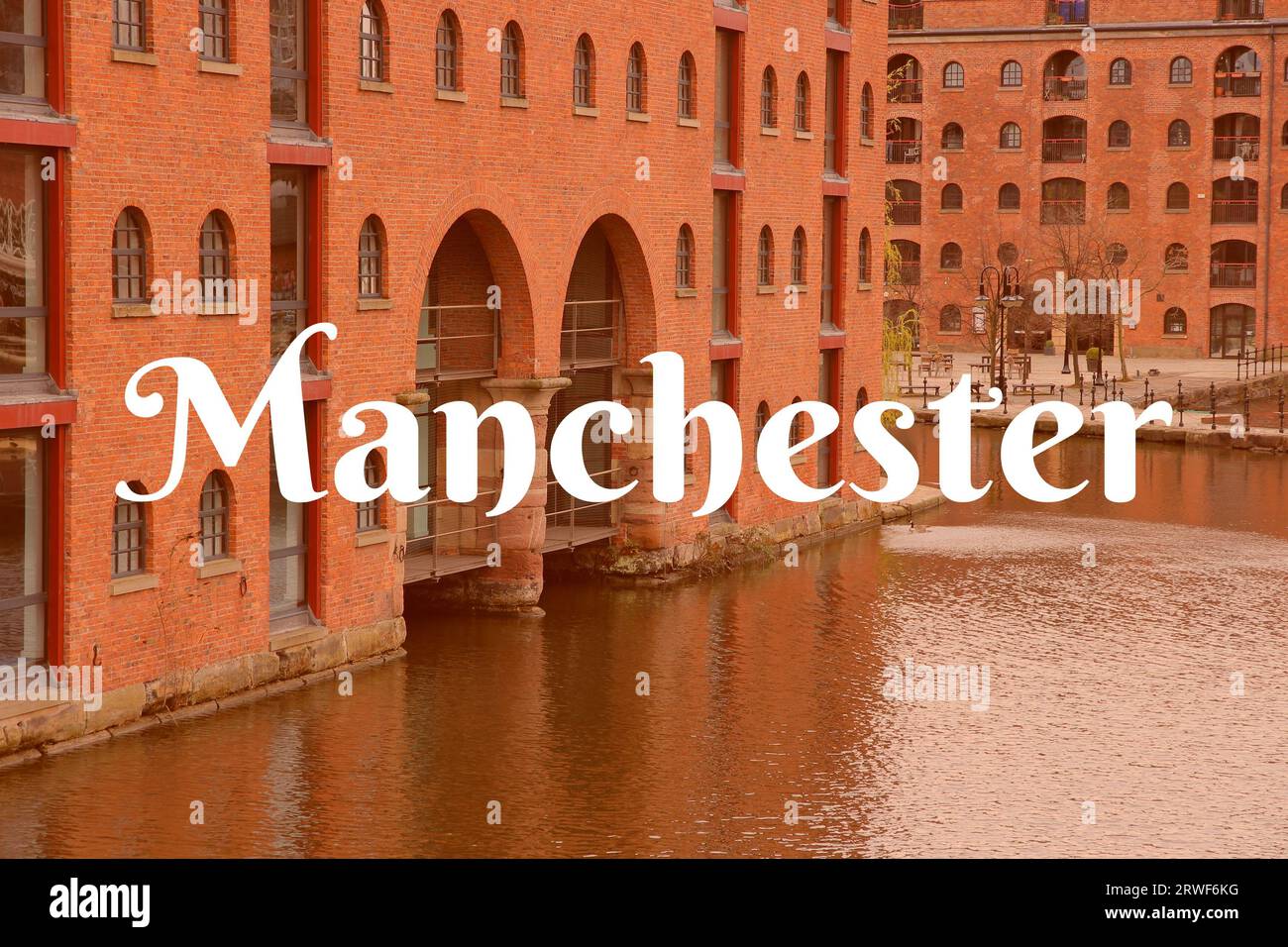 Manchester, UK. City name modern photo postcard. Travel destination ...
