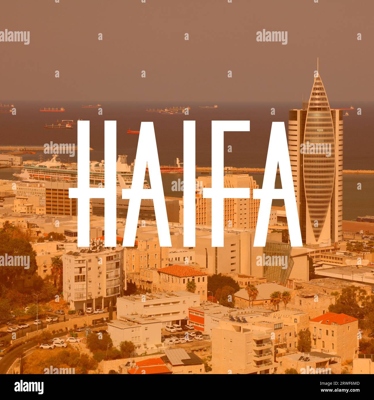 Haifa, Israel. City name modern photo postcard. Travel destination text ...