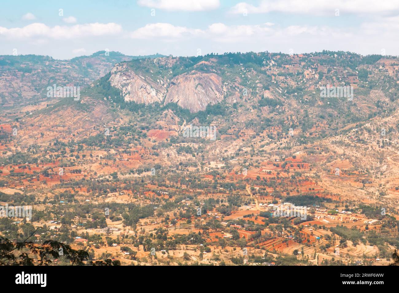 Aerial view of rural African Landscape with rock formations against ...