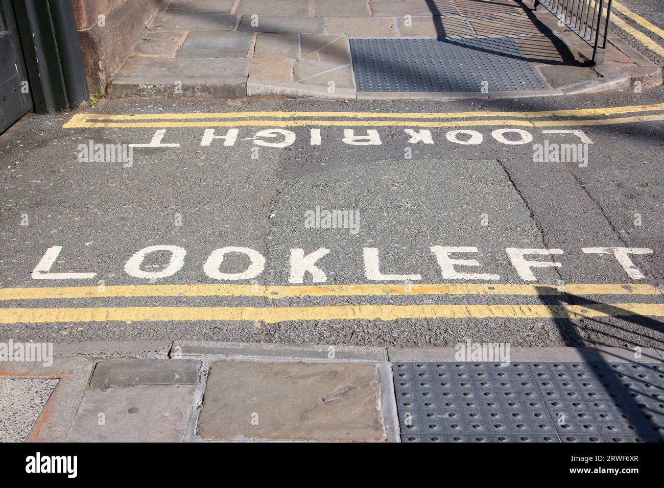 Liverpool UK pedestrian signs - look right and look left. Traffic ...