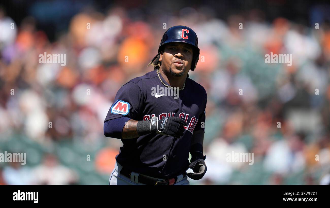 Cleveland Guardians' Jose Ramirez after hitting a home run during a ...