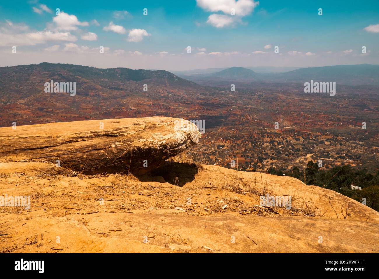 Aerial view of rural African Landscape with rock formations against ...
