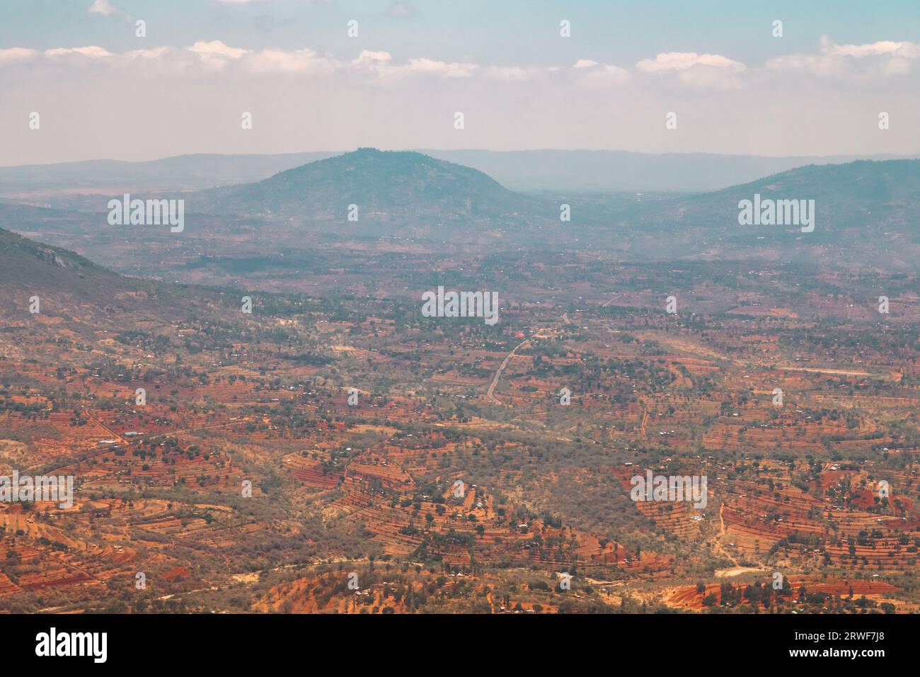 Aerial view of rural African Landscape with rock formations against ...
