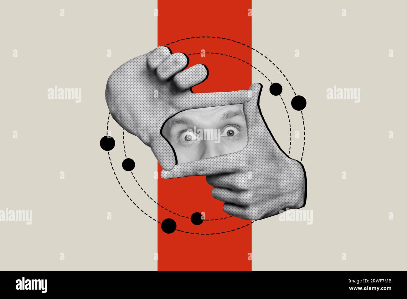 Picture collage artwork poster of funky guy photographing showing hnds ...