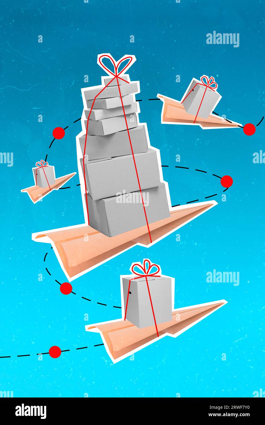 Collage artwork picture of paper planes delivering boxed piles stacks ...