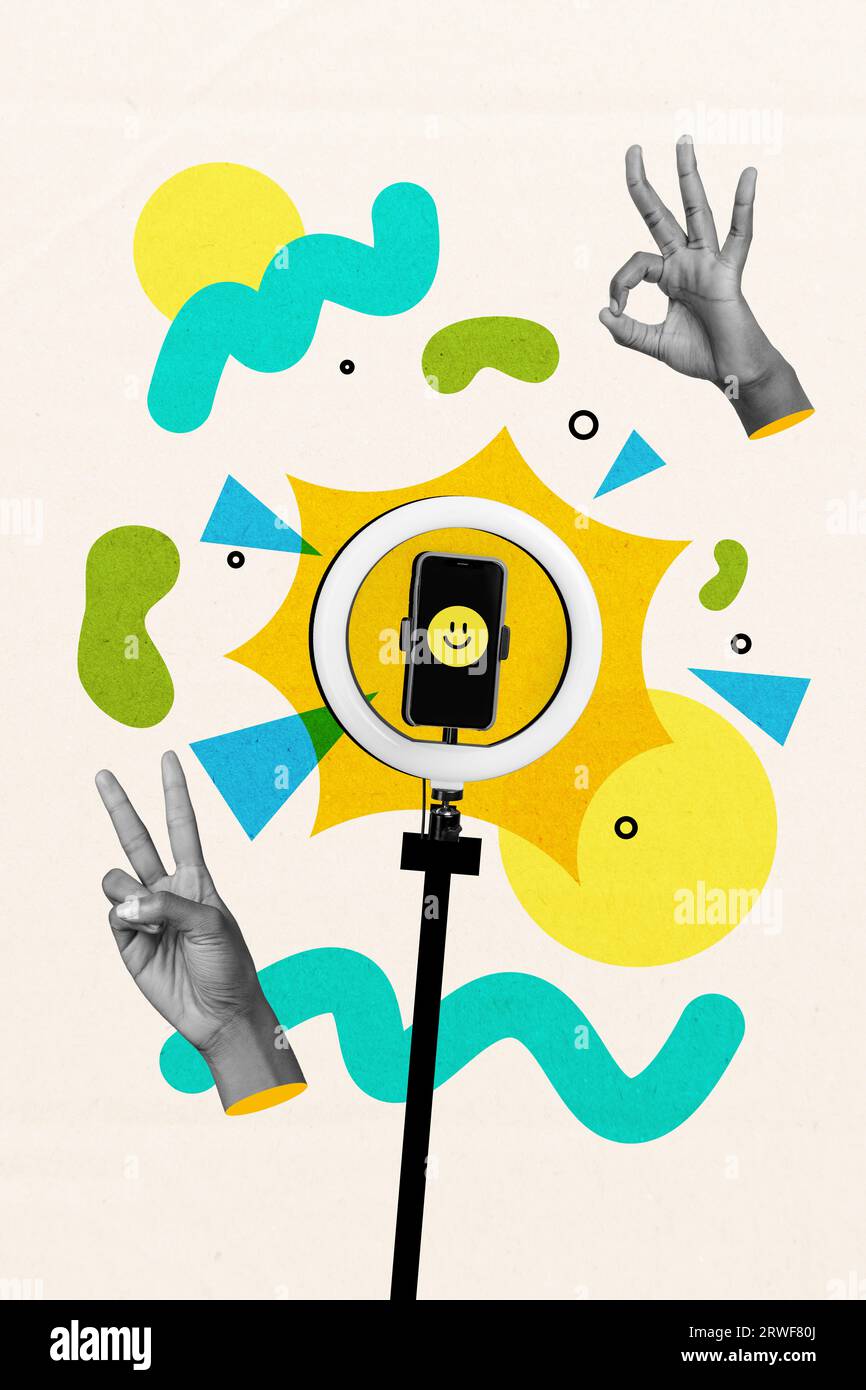 Creative collage photo of circular lamp interview phone screen ...