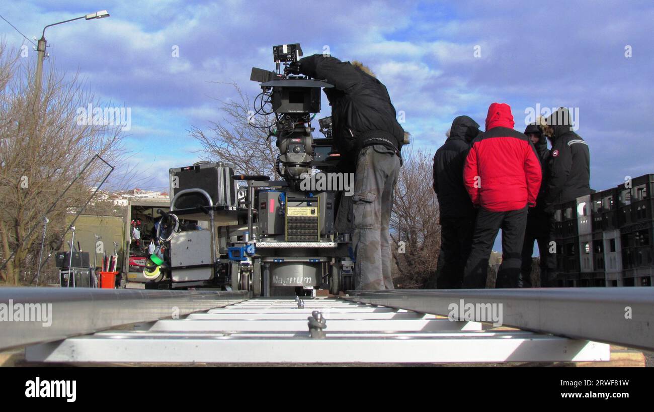 The movie set. Decorations on the set. Filming equipment. Movie camera ...