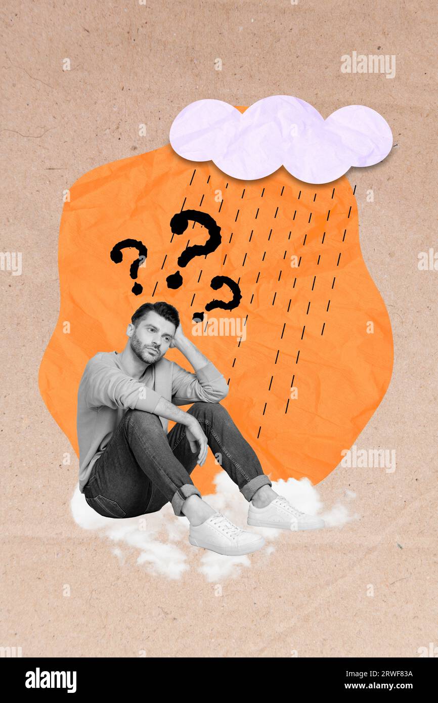 3d photo artwork collage painting of puzzled guy looking for questions ...