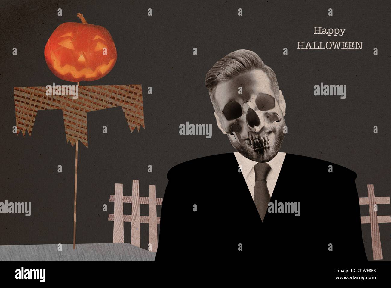 Creative drawing collage picture of dead man corpse skull face head ...