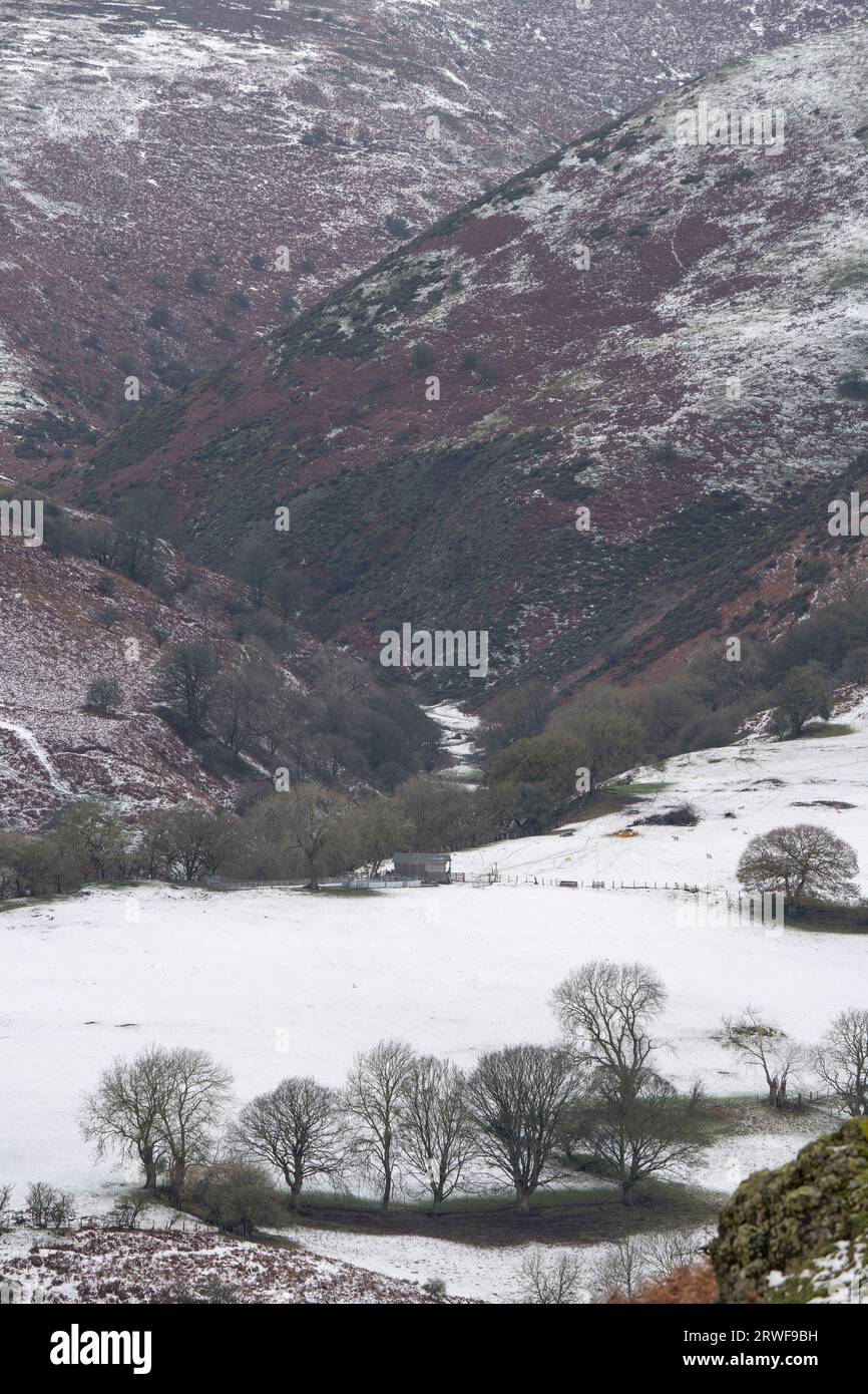 The Long Mynd in Shropshire viewed on a snowy morning from Ragleth Hill ...