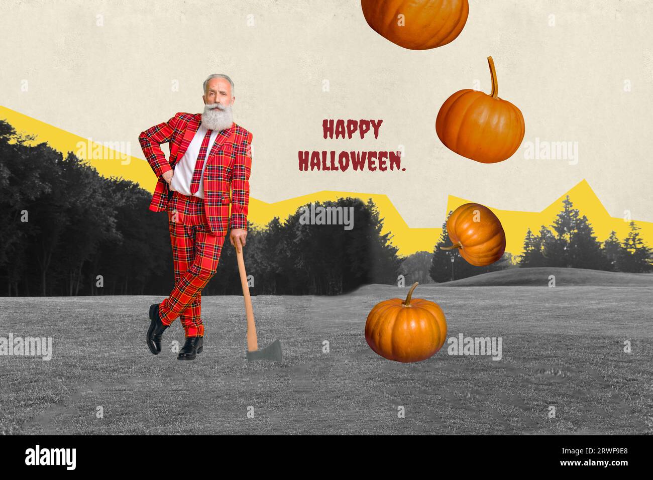Creative drawing collage picture of elegant stylish senior man ax blade ...