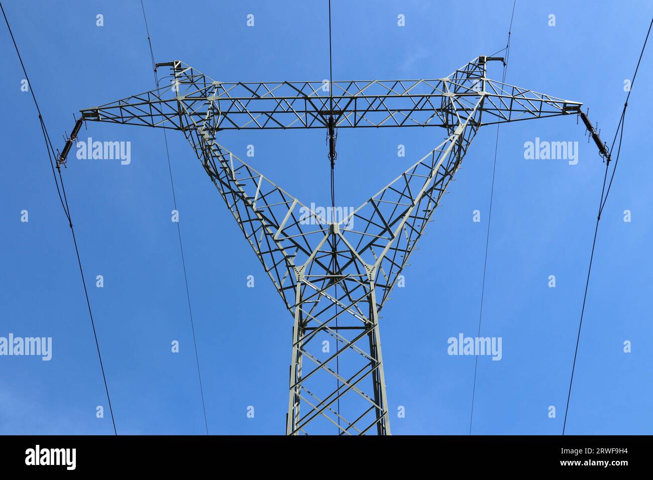 High tension power lines. Electricity pylon in Opole, Poland Stock ...
