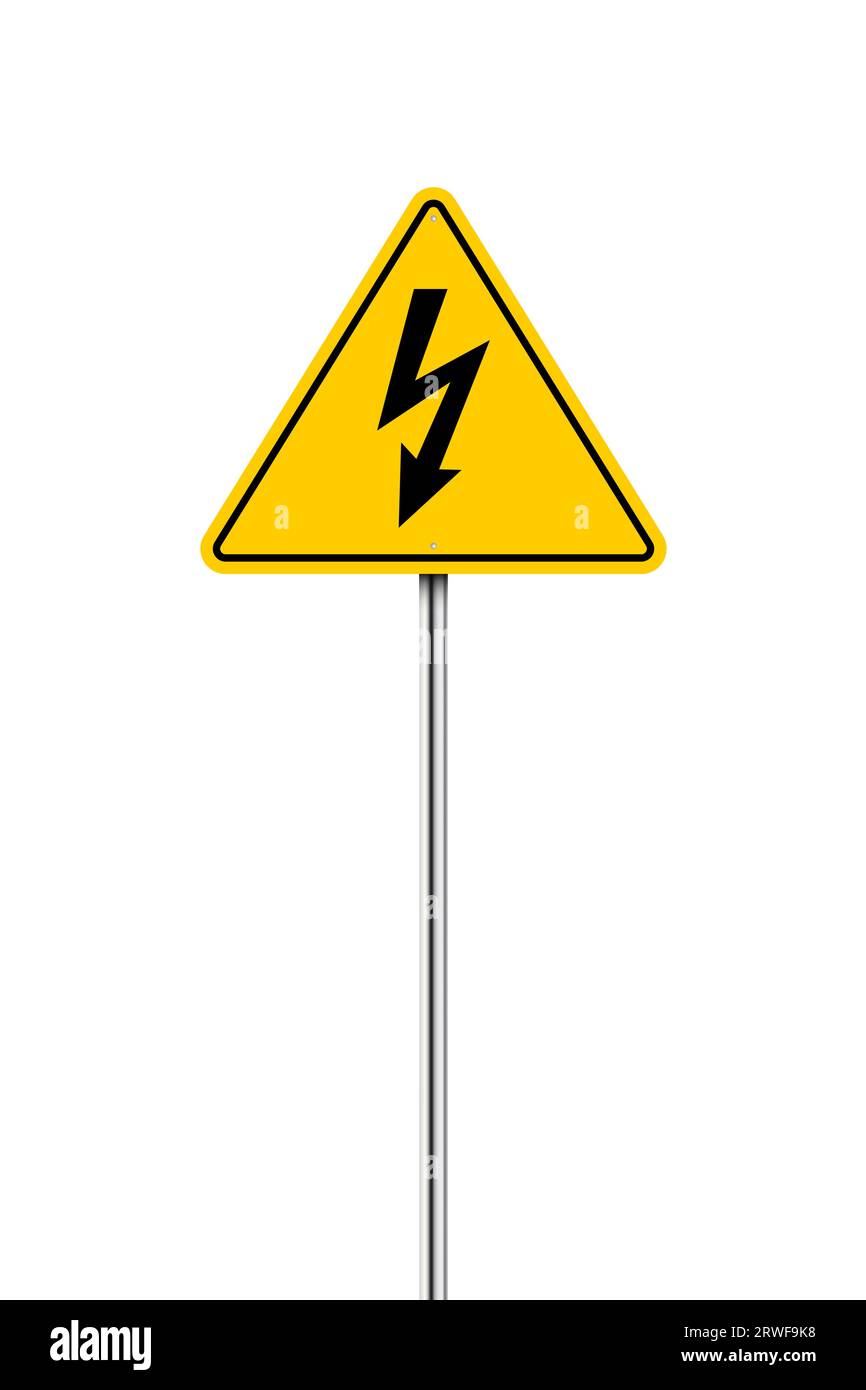 High voltage sign. arrow isolated in yellow triangle. Dangerous ...