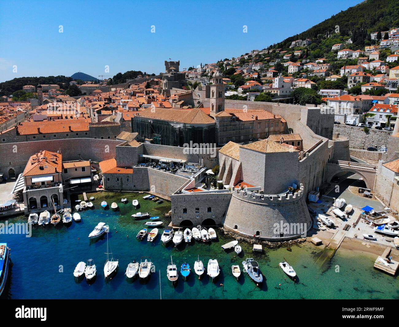 Dubrovnik city landmark, Croatia. Medieval City Walls. Aerial view of ...