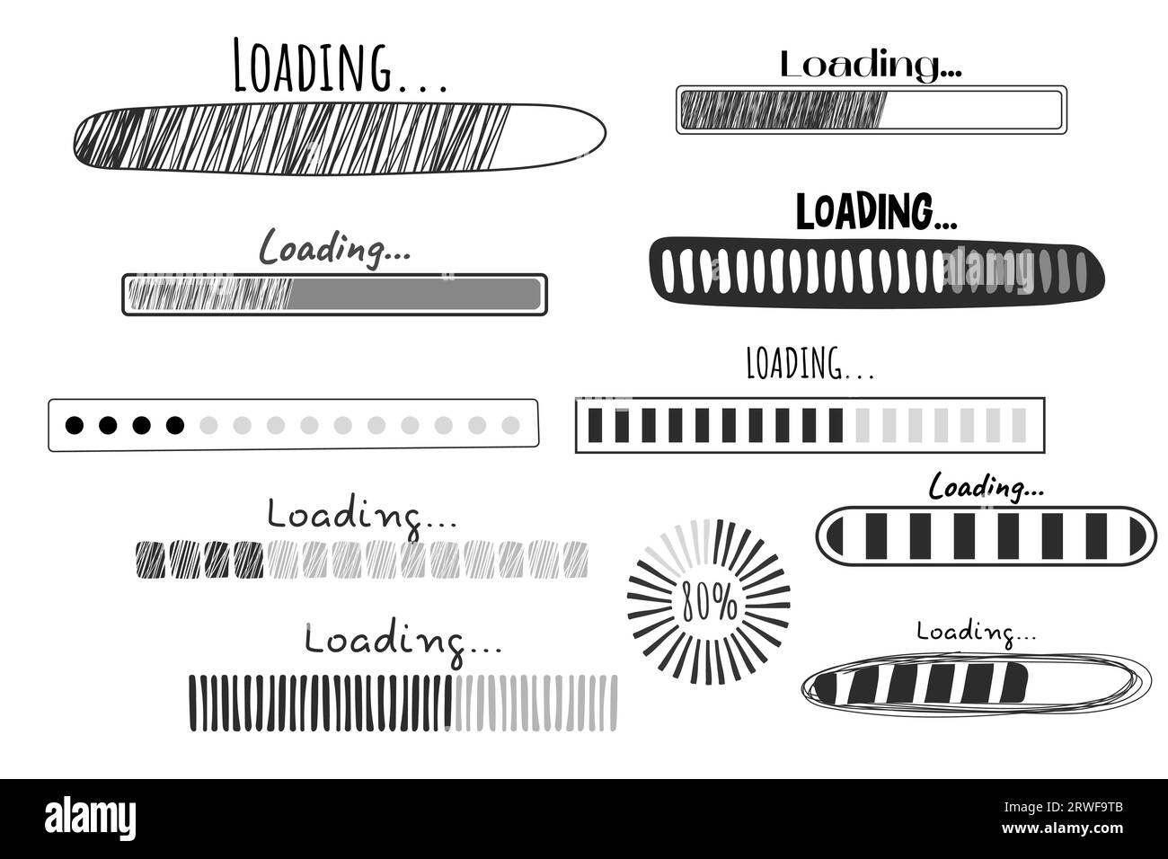 Set Loading Bar Progress In Doodle Style Isolated On White Background