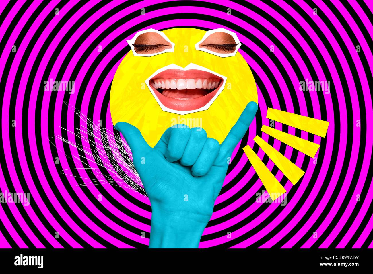 Creative banner poster collage of shaka symbol arm funny face smile ...