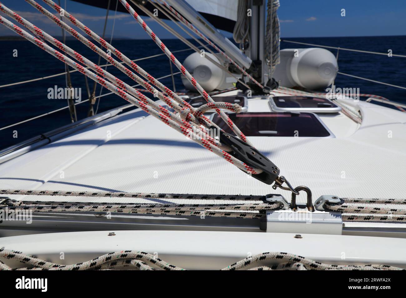 Sailing in Adriatic, Croatia. Yacht equipment: colorful rope on the ...