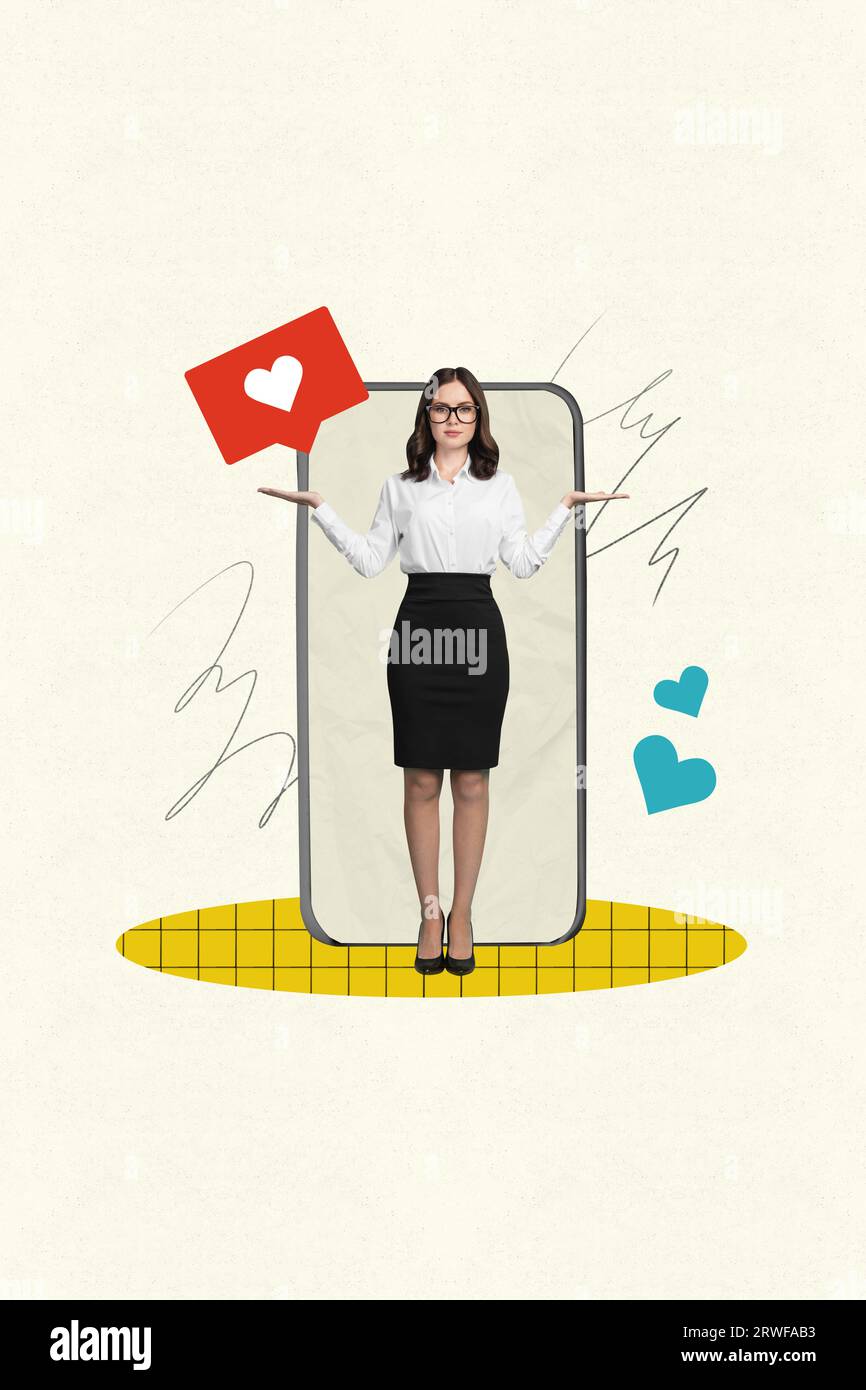 Vertical photo image collage of smart business lady holding two hands ...