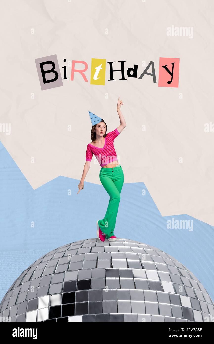 Vertical composite photo collage of positive nice woman wear birthday ...