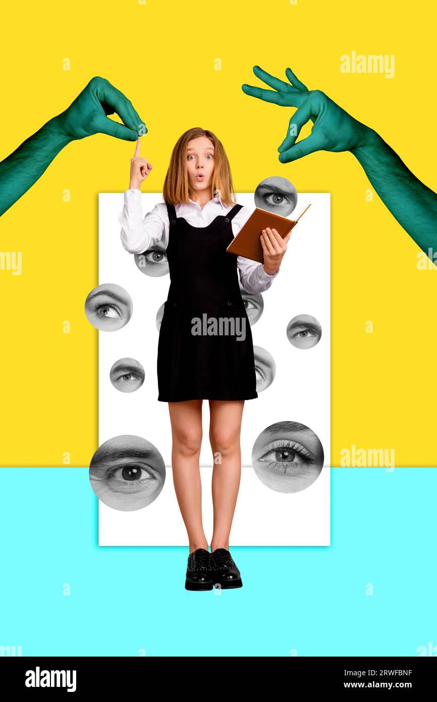 Collage of young schoolgirl wearing uniform holding copybook eureka ...