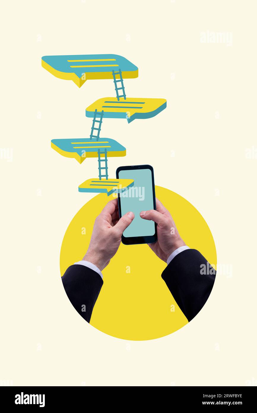 Vertical collage picture of arms hold use smart phone typing display ...