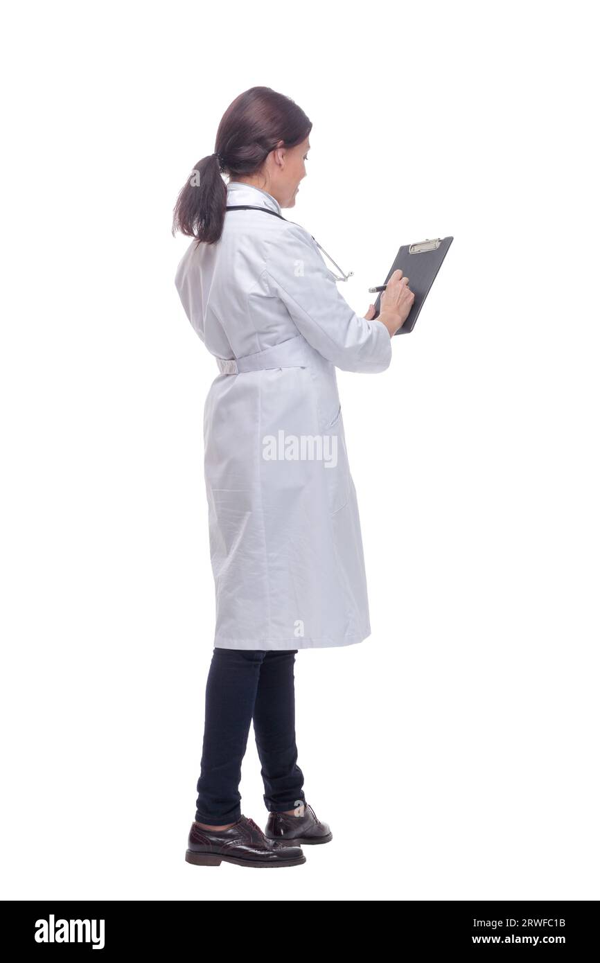 Back view female doctor with stethoscope and clipboard Stock Photo - Alamy