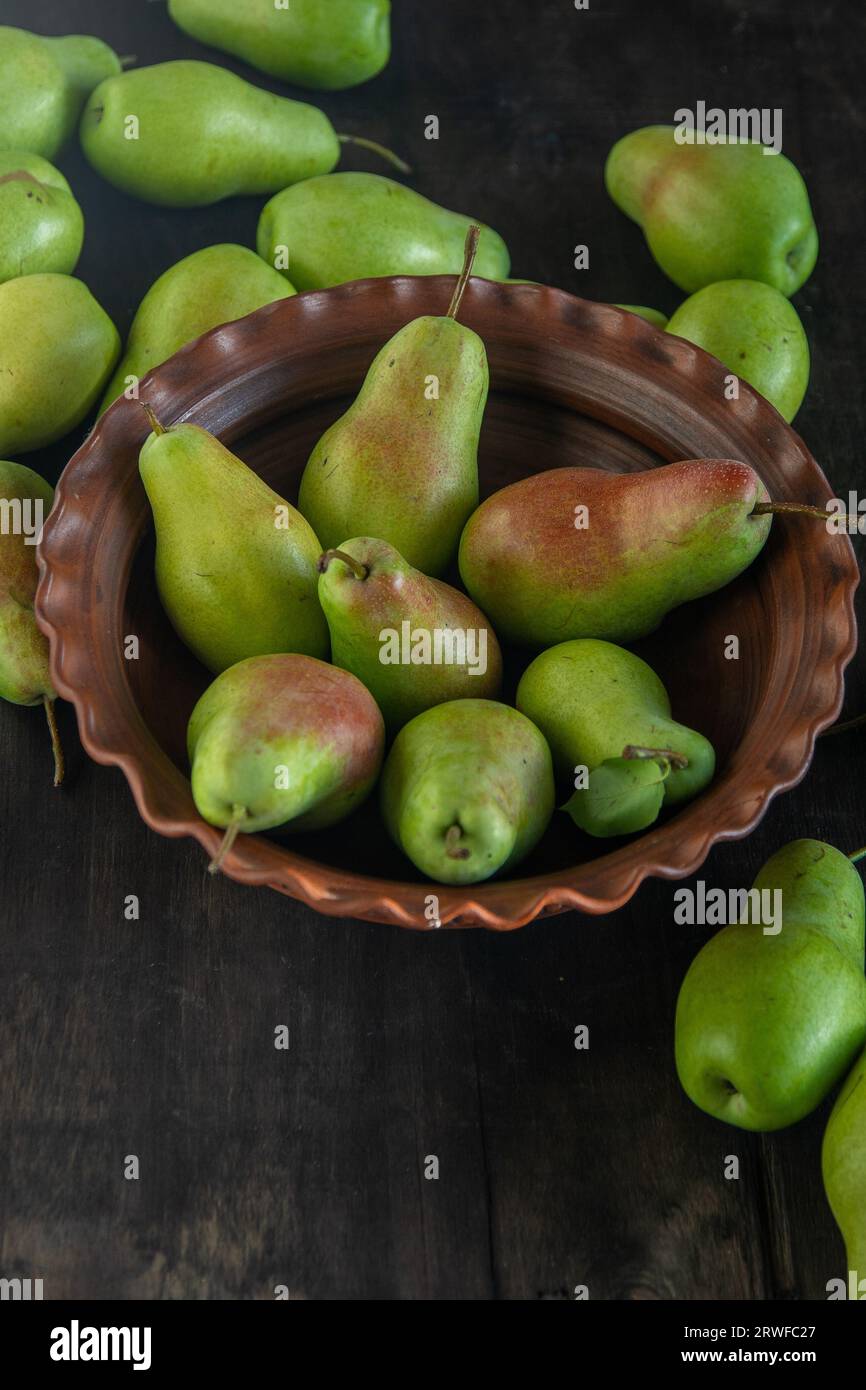 Parisian pear variety. Fruits on the table. Autumn harvest. Pears top ...