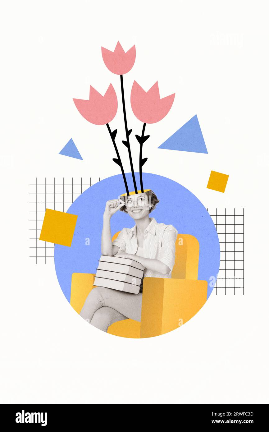 Collage 3d sketch image of clever lady reading book flowers growing ...