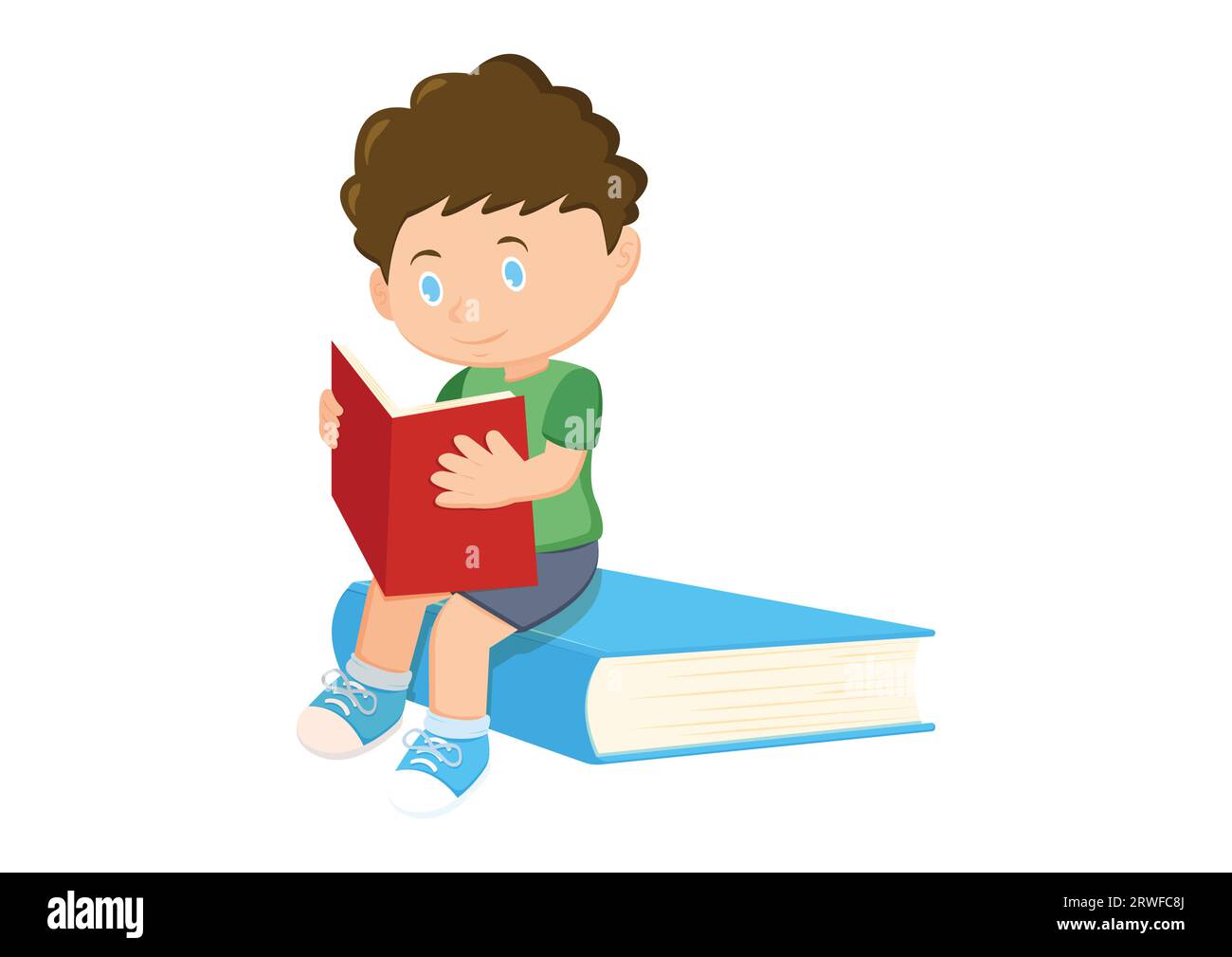 A little boy reading a book sitting on a big book vector illustration ...