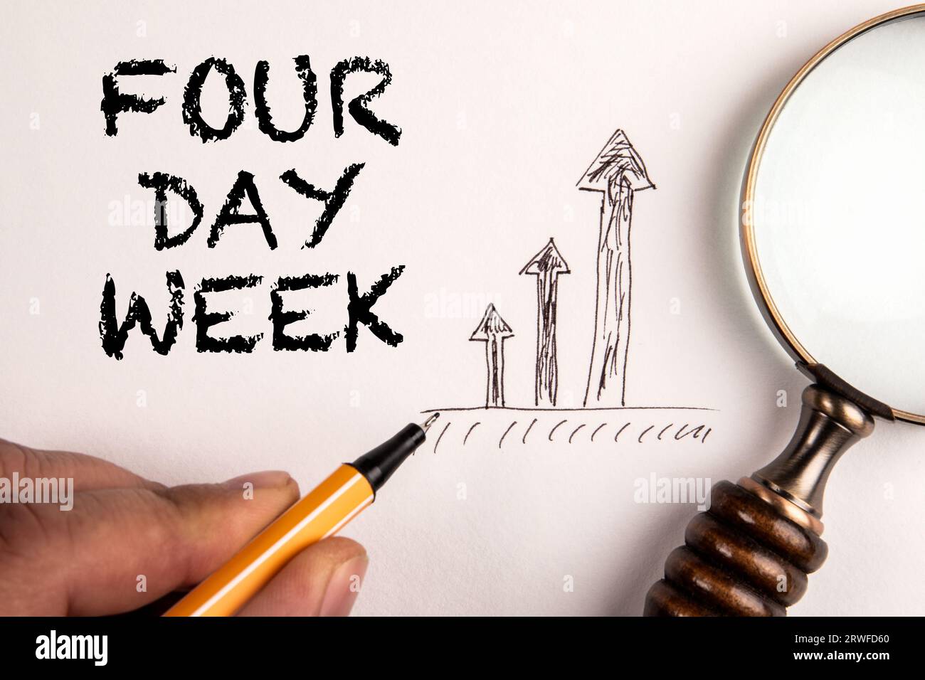 FOUR DAY WEEK. Development and profit arrows on a white background ...