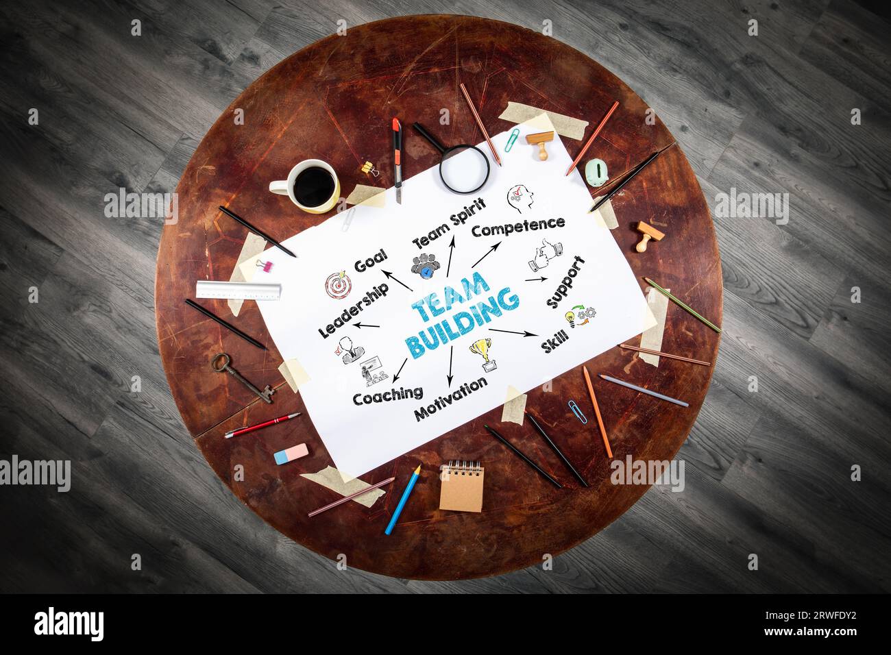 Team Building Concept. Chart with keywords and icons. Round wooden work ...