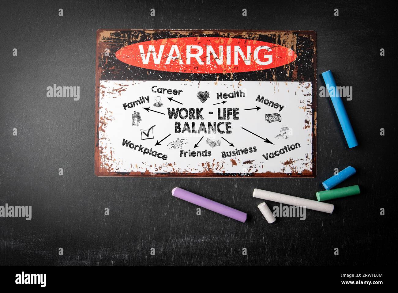 Work Life balance concept. Metal warning sign and colored pieces of ...
