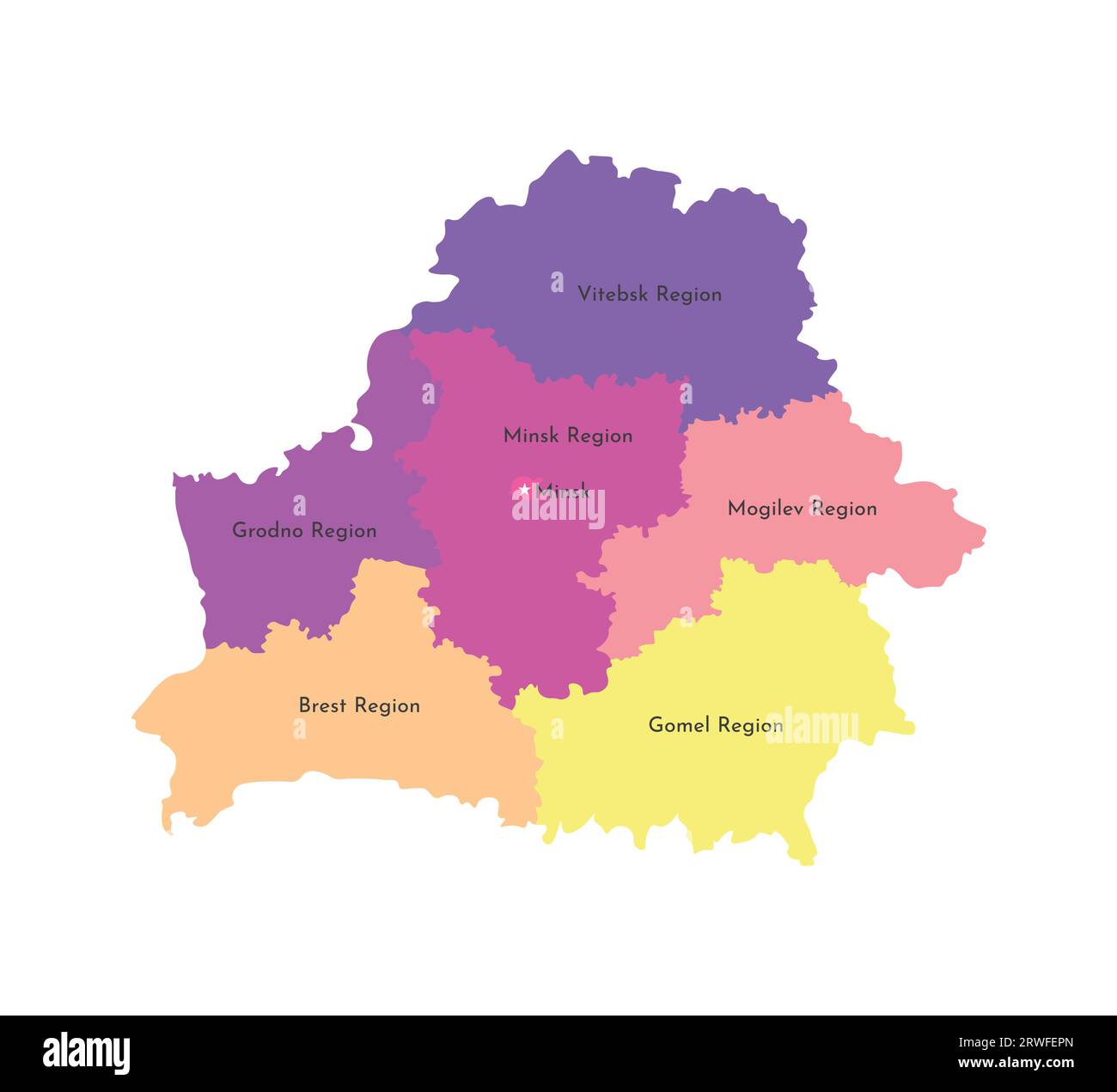 Vector isolated illustration of simplified administrative map of Belarus. Borders and names of ...