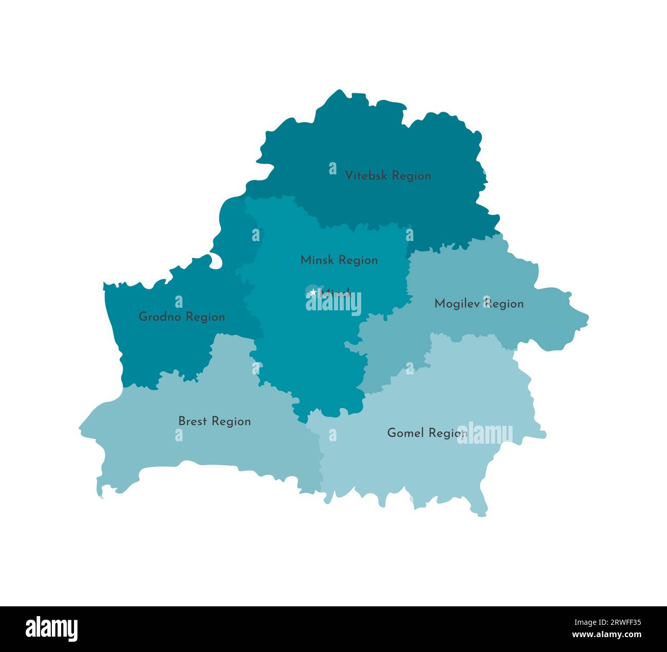 Vector isolated illustration of simplified administrative map of Belarus. Borders and names of ...