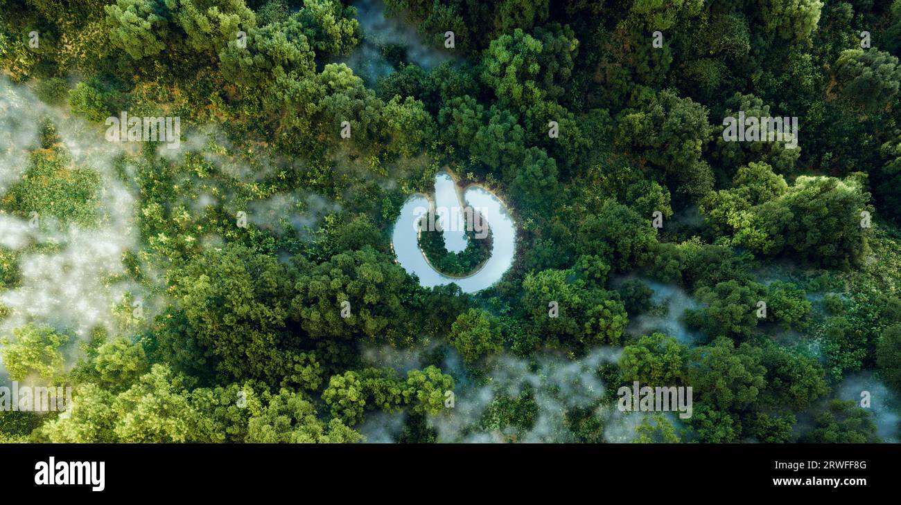 A power switch icon as a water oasis in a dense forest, embodying ...
