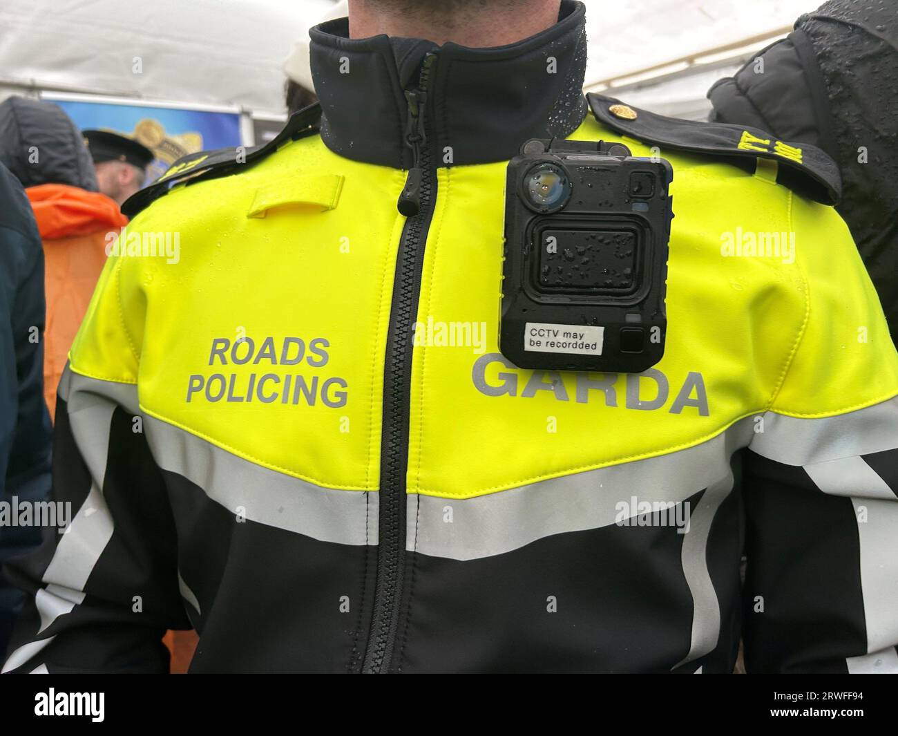 A garda with the Roads Policing Unit wears a sample body camera at the ...