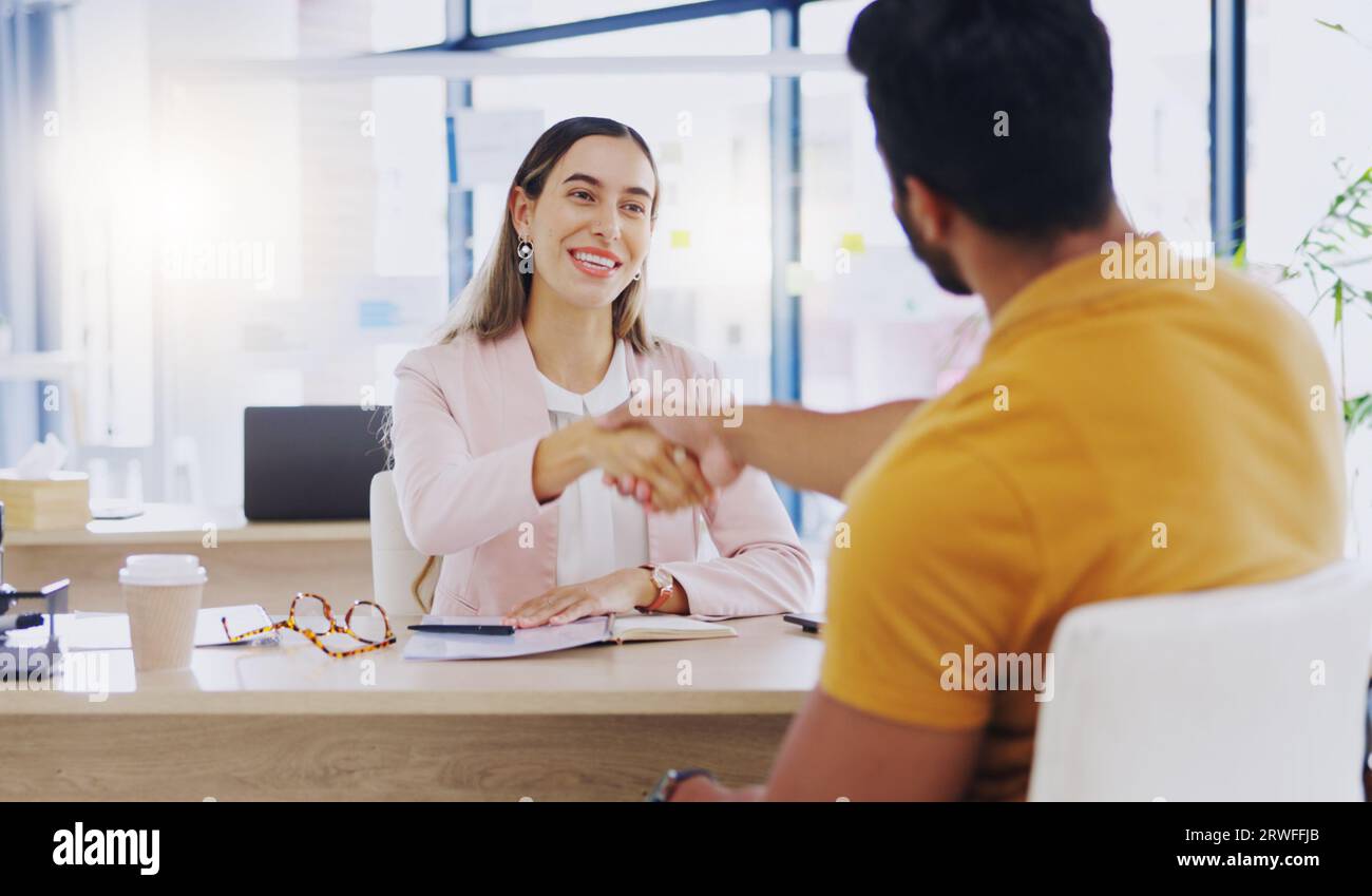 Laughing, business people and handshake for partnership, deal or ...