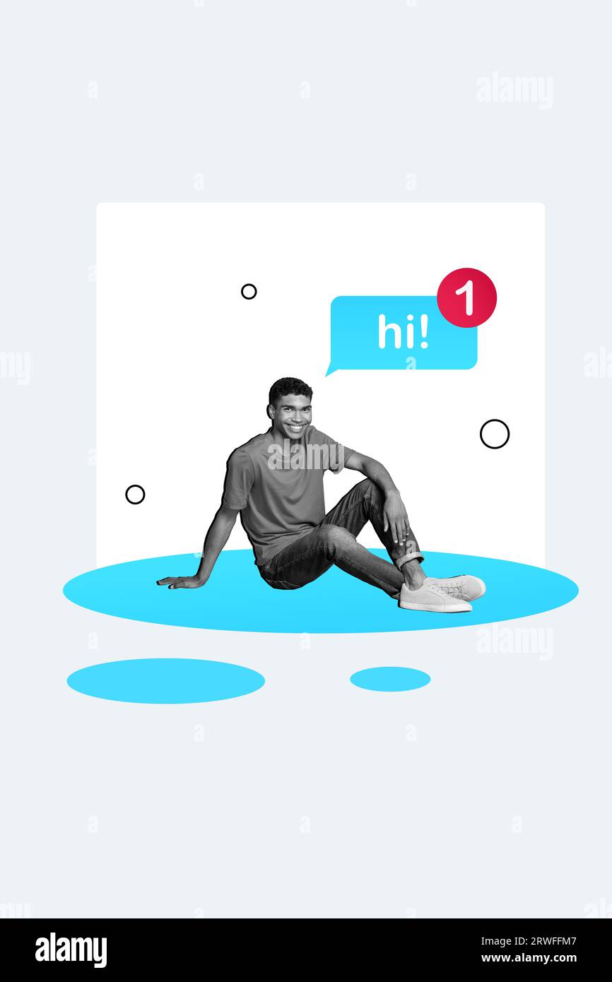 Vertical composite creative photo collage of positive guy say hi ...